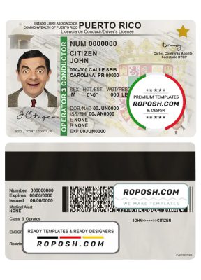 Puerto Rico driving license template in PSD format, fully editable | roposh