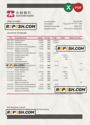 Hong Kong DAH Sing bank statement Excel and PDF template | roposh