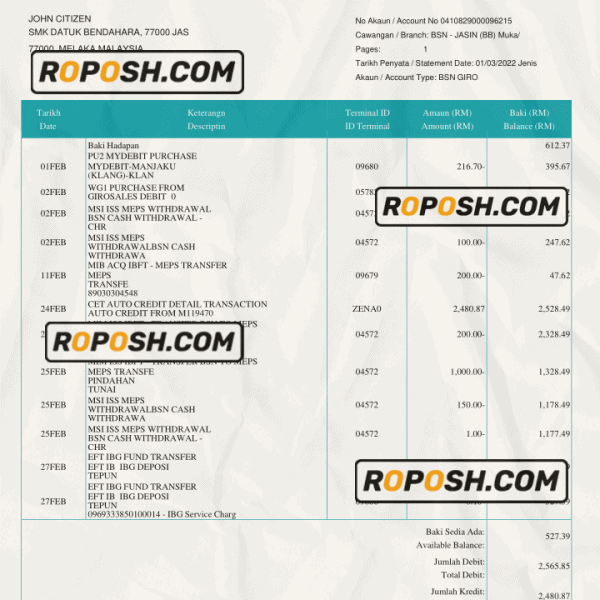 Malaysia BSN bank account statement (penyata akaun), Word and PDF ...