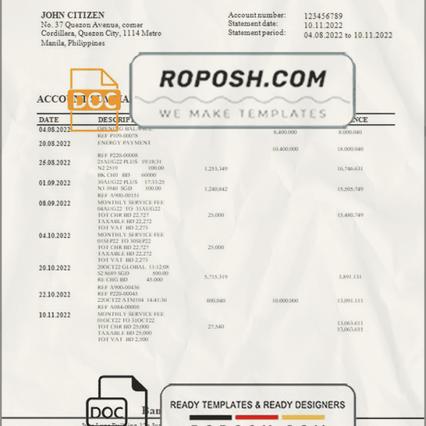 Philippines BDO bank statement template in Word and PDF format | roposh