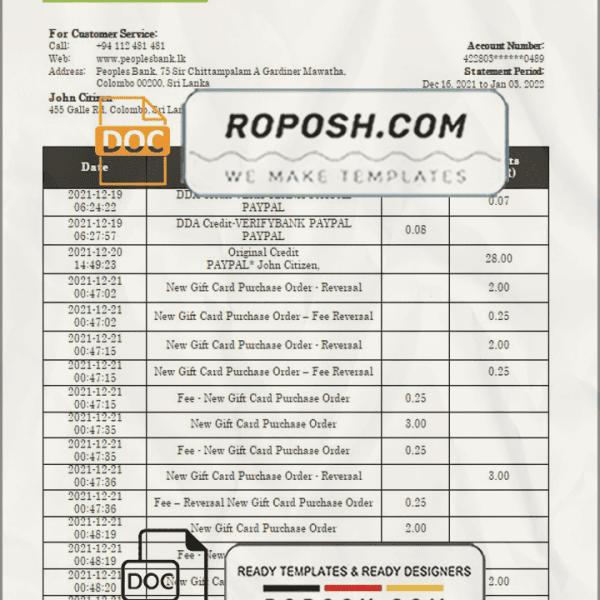 Sri Lanka People’s Bank bank statement template in Word and PDF format ...
