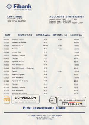 Bulgaria Fibank bank statement template in Word and PDF format | roposh
