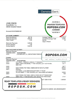 Finland Danske Bank statement template in Word and PDF format | roposh