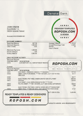 Finland Danske Bank statement template in Word and PDF format | roposh