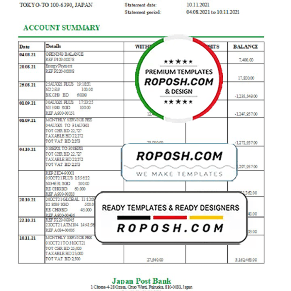 Japan Post bank statement easy to fill template in Excel and PDF format ...