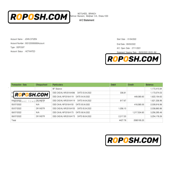 Bangladesh Al-Arafah Islami Bank statement, Word and PDF template | roposh