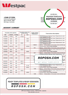 Australia Westpac bank statement template in Word and PDF format | roposh
