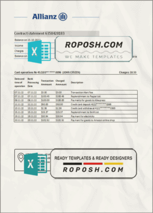 Austria Allianz Investment bank statement template in Excel and PDF ...