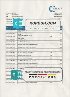 Belize Choice Bank statement template in Excel and PDF format | roposh