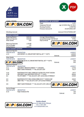 Ethiopia Dashen Bank statement Excel and PDF template | roposh