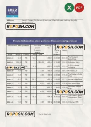 Fiji Bred bank statement Excel and PDF template | roposh