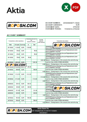 Finland Aktia bank statement Excel and PDF template | roposh