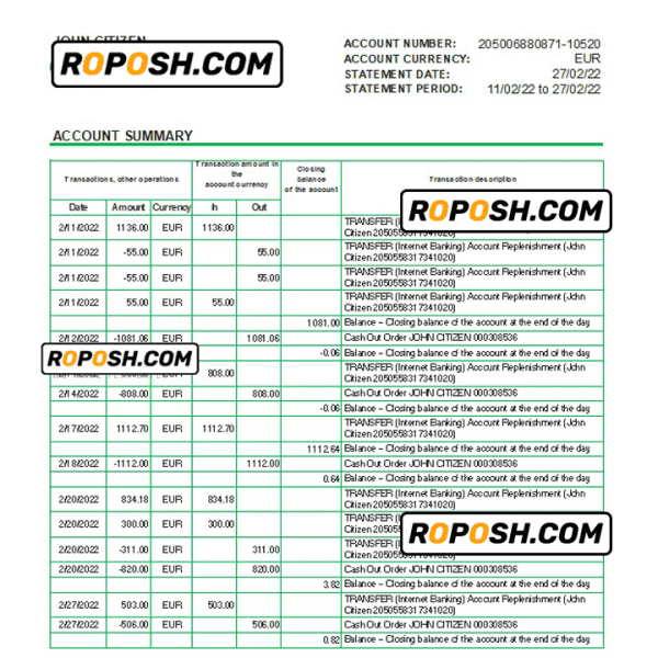 Finland Aktia bank statement Excel and PDF template | roposh