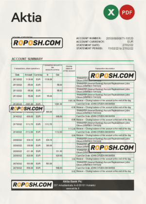 Finland Aktia bank statement Excel and PDF template | roposh