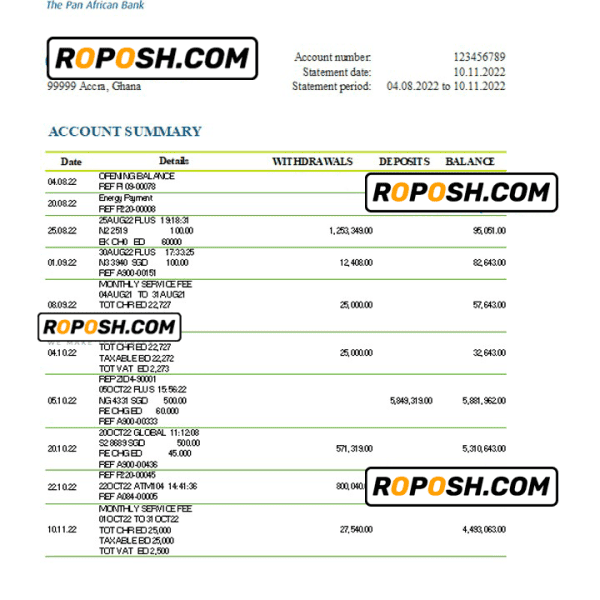 Ghana Ecobank bank statement Excel and PDF template | roposh