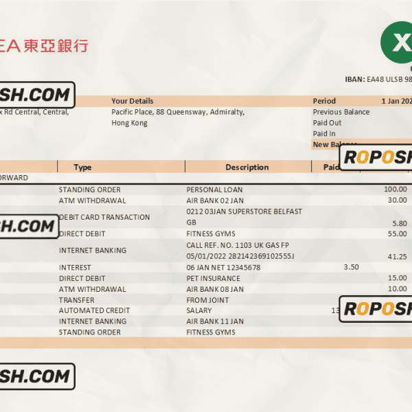Hong Kong BEA bank statement Excel and PDF template | roposh