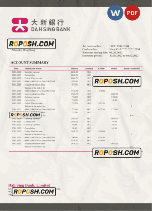 Hong Kong DAH Sing Bank statement Word and PDF template | roposh