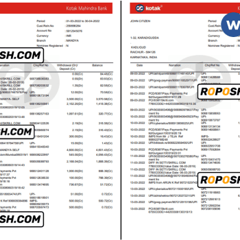 India Kotak Mahindra bank statement Word and PDF template, 7 pages | roposh