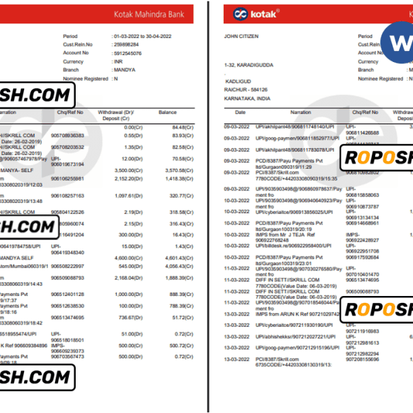 India Kotak Mahindra bank statement Word and PDF template, 7 pages | roposh