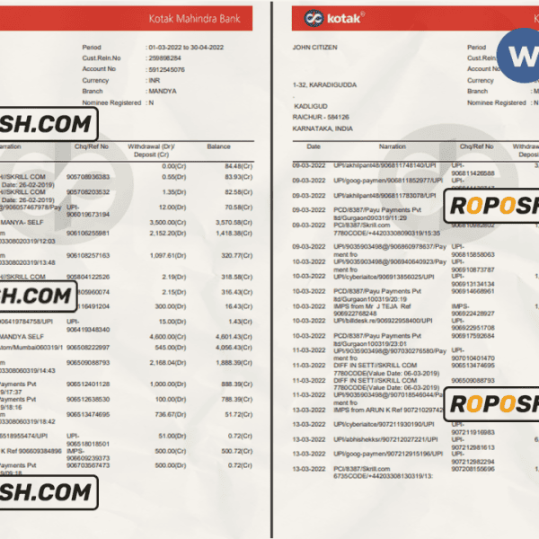 India Kotak Mahindra bank statement Word and PDF template, 7 pages | roposh