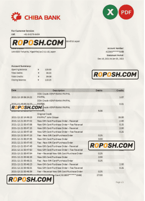 Japan Chiba bank statement Excel and PDF template | roposh