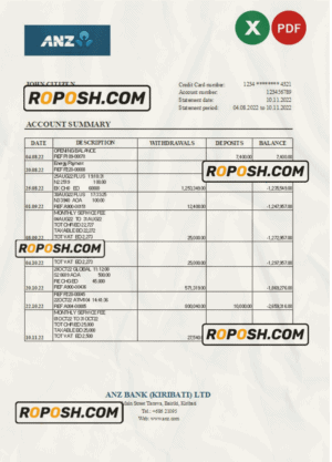 Kiribati ANZ bank statement Excel and PDF template | roposh