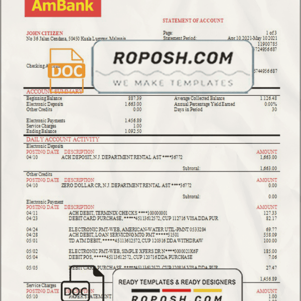 Malaysia AmBank bank statement template in Word and PDF format | roposh