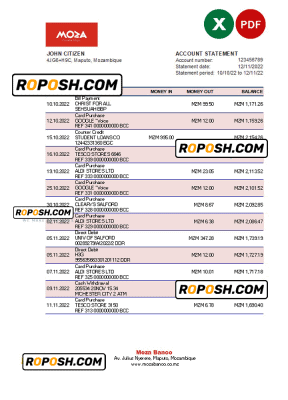 Mozambique Moza bank statement Excel and PDF template | roposh