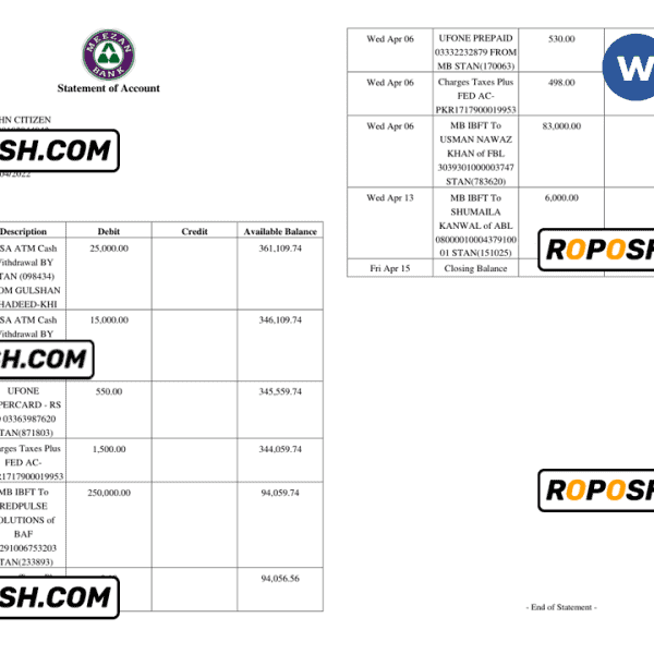 Pakistan Meezan bank statement Word and PDF template, 2 pages | roposh