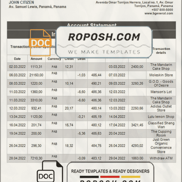 Panama Banco General bank statement template in Word and PDF format | roposh