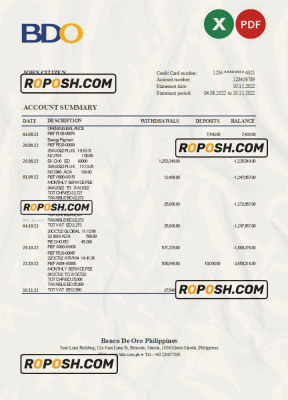 Philippines BDO bank statement Excel and PDF template | roposh