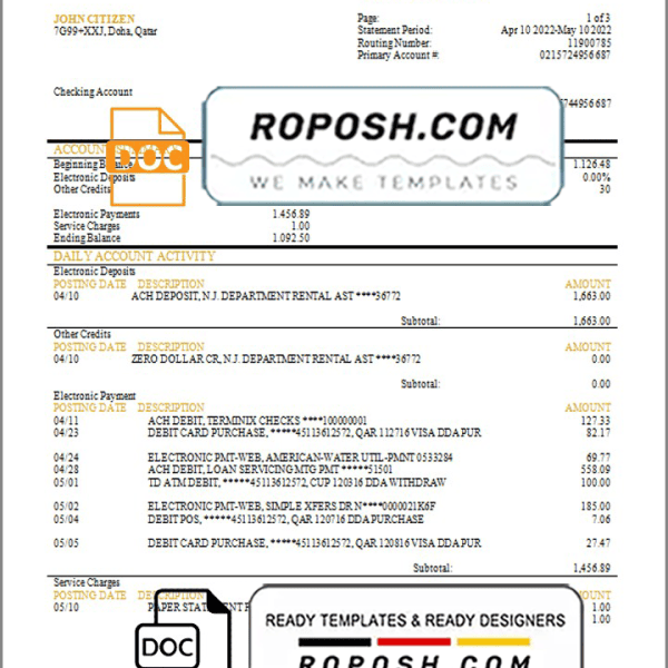 Qatar Doha Bank statement template in Word and PDF format | roposh