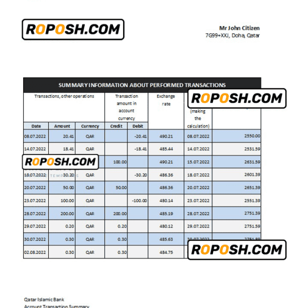 Qatar Islamic bank statement, Excel and PDF template | roposh