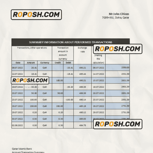 Qatar Islamic bank statement, Excel and PDF template | roposh
