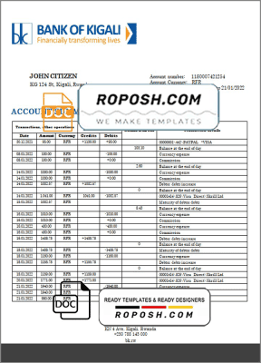 Rwanda Bank of Kigali bank proof of address statement template in Word ...