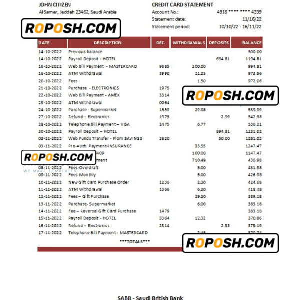 Saudi Arabia SABB bank statement, Excel and PDF template | roposh
