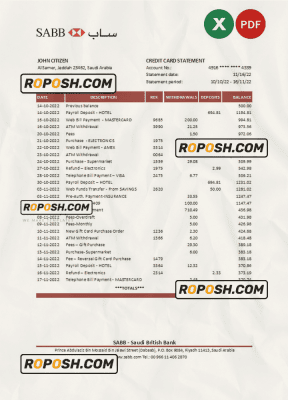 Saudi Arabia SABB bank statement, Excel and PDF template | roposh