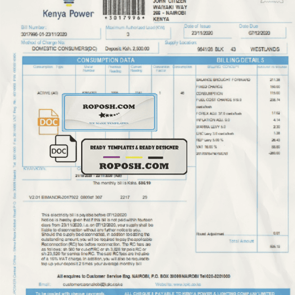 Kenya Power utility bill template in Word and PDF format | roposh