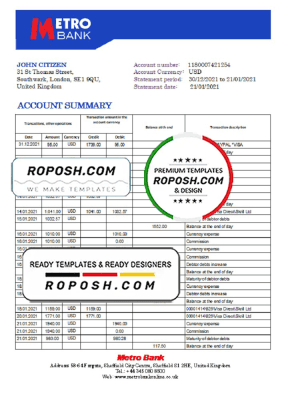 United Kingdom Metro bank statement template in Excel and PDF format ...