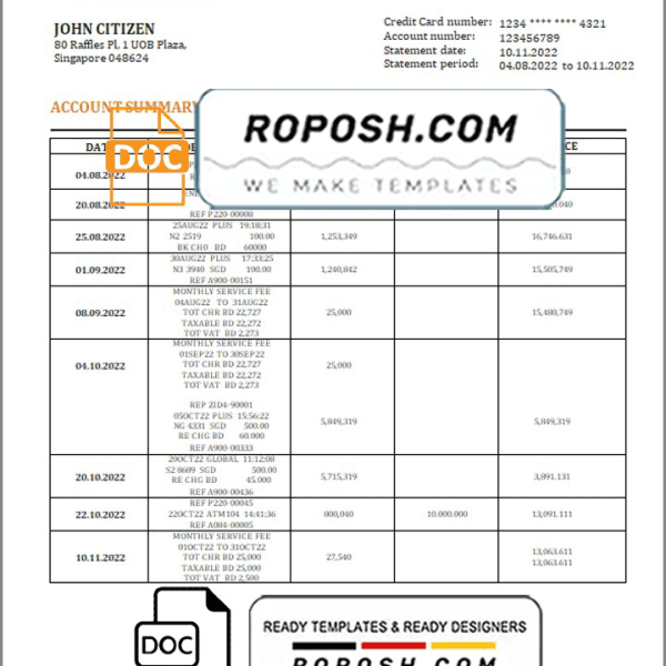 Singapore Maybank bank statement template in Word and PDF format | roposh