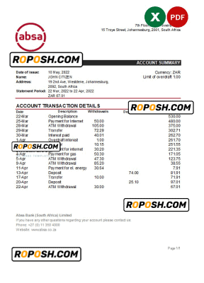 South Africa ABSA bank statement, Excel and PDF template | roposh