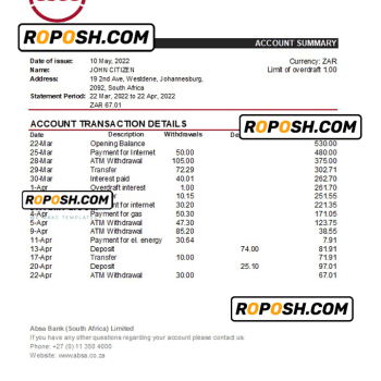 South Africa ABSA bank statement, Excel and PDF template | roposh