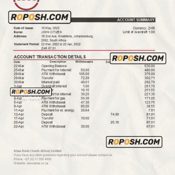South Africa ABSA bank statement, Excel and PDF template | roposh