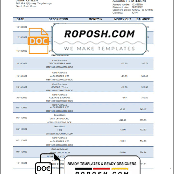 South Korea Woori bank statement template in Word and PDF format | roposh