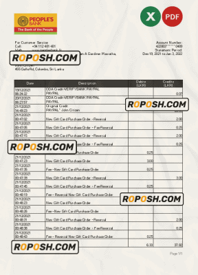 Sri Lanka People’s Bank statement, Excel and PDF template | roposh