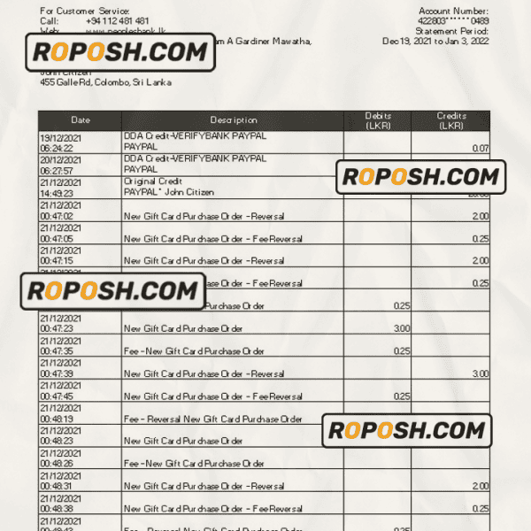 Sri Lanka People’s Bank statement, Excel and PDF template | roposh