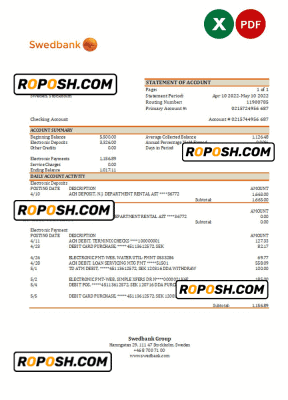 Sweden Swedbank bank statement, Excel and PDF template | roposh