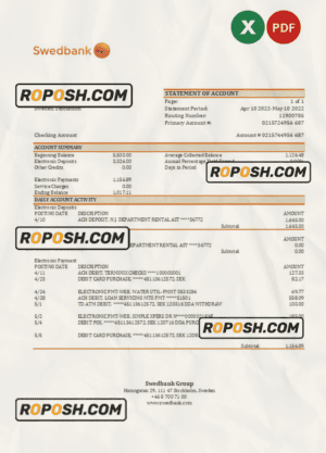 Sweden Swedbank bank statement, Excel and PDF template | roposh