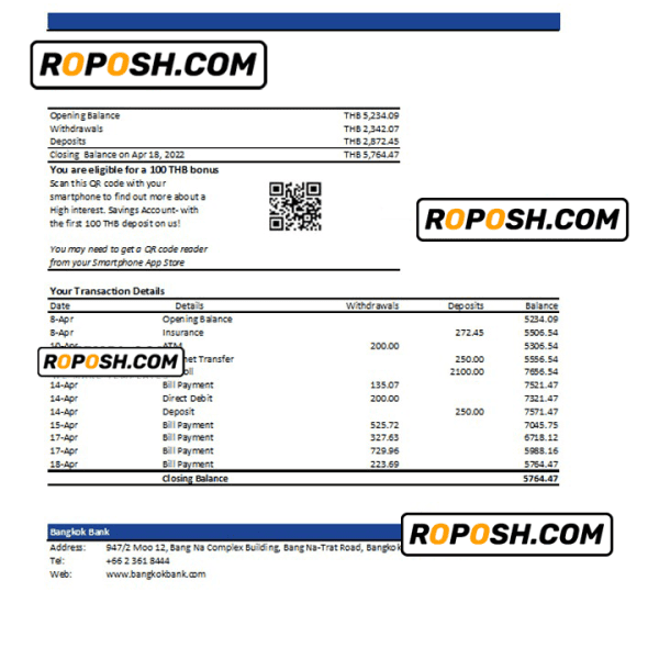 Thailand Bangkok bank statement, Excel and PDF template | roposh