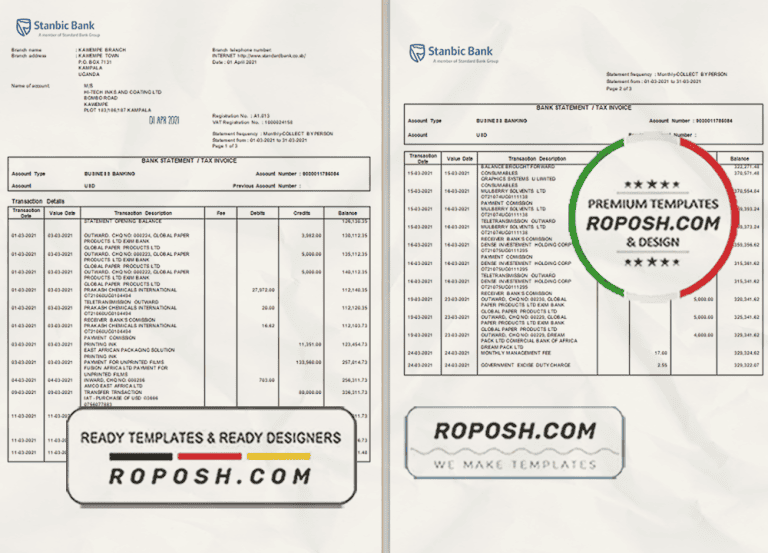 Uganda Stanbic bank statement template in Excel and PDF format (3 pages ...